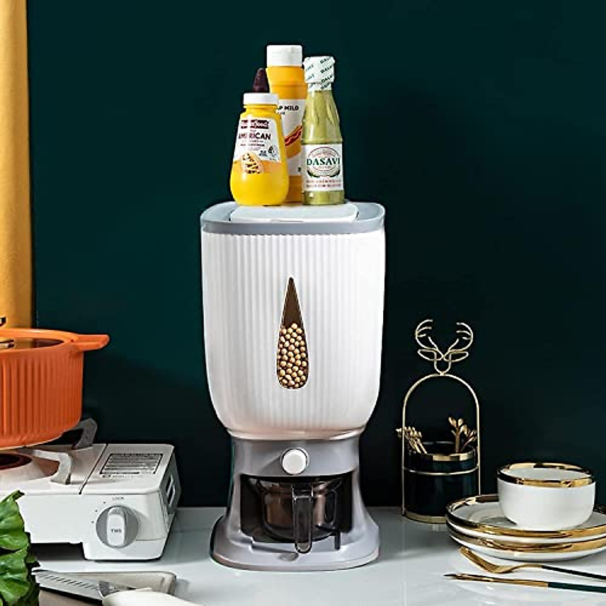 YXQ Rice Dispenser 10kg, Rice Storage Container Large Sealed Grain Container with Lid Measuring Cylinde Moisture Proof Cereal Dispenser for Kitchen Organization (Grey)