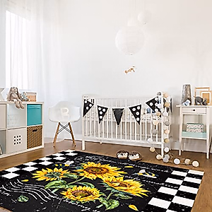 4' x 6' Sunflower Black Area Rug,Rustic Bee White Buffalo Plaid Check Outdoor Indoor Washable Carpet Area+Rug for Living Room,Kids/Boys/Girls Bedroom,Bathroom,Classroom,Kitchen,Hallway,Throw Floor Mat