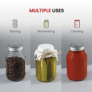 Glass Regular-Mouth Mason Jars, 32-Ounce (12-Pack) Glass Jars with Silver Metal Airtight Lids for Meal Prep, Food Storage, Canning, Drinking, Overnight Oats, Jelly, Dry Food, Spices, Salads, Yogurt