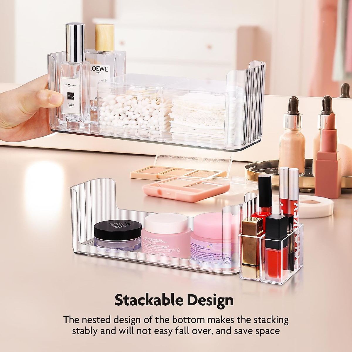 4-Tier Medicine Cabinet Shelves Organizer, Stackable Makeup Organizer Tray, Transparent Cosmetic Display Case with Lip Gloss Holders & Cotton Swab Pad Boxes, for Bathroom Cabinet Wall, Counter, Vanity