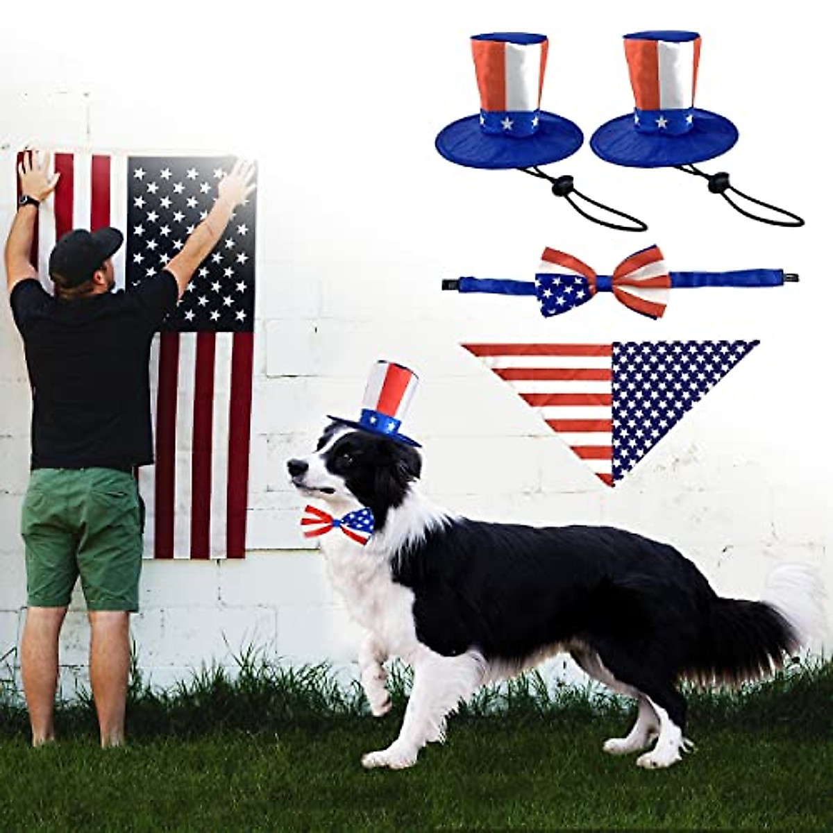 CooShou 4Pcs 4th of July Dog Costume Independence Day Dog Outfit American Flag Pet Dog Hat Bandana Bow Tie Triangle Scarf for Dogs Cats Puppy Kitten