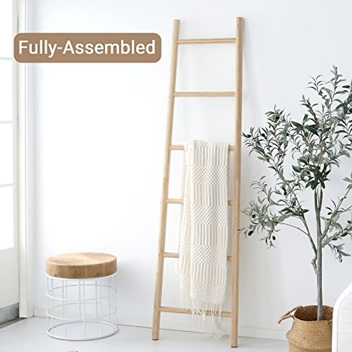 FUIN Fully Assembled 6ft Bamboo Blanket Ladders Wood Decorative Wall Leaning Rustic Farmhouse Bathroom Quilt Towel Display Rack Holder