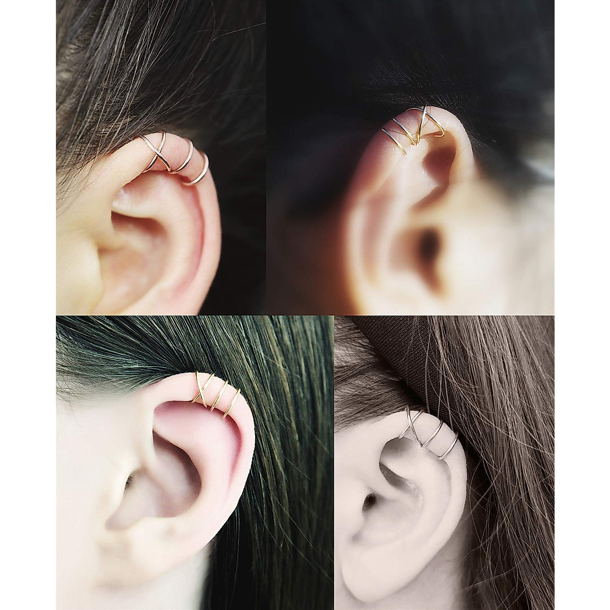 Minimalist 4 PCS S925 Sterling Silver Criss Cross Ear Cuff No Pierce Ear Cuff Sets Double Simple Lines Ear Cuff Fake Cartilage Earring Helix Piercing（4PCS）