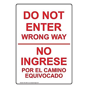 ComplianceSigns.com Do Not Enter Wrong Way English + Spanish Sign, 10x7 in. Plastic for Wayfinding Enter/Exit Restricted Access Hazmat
