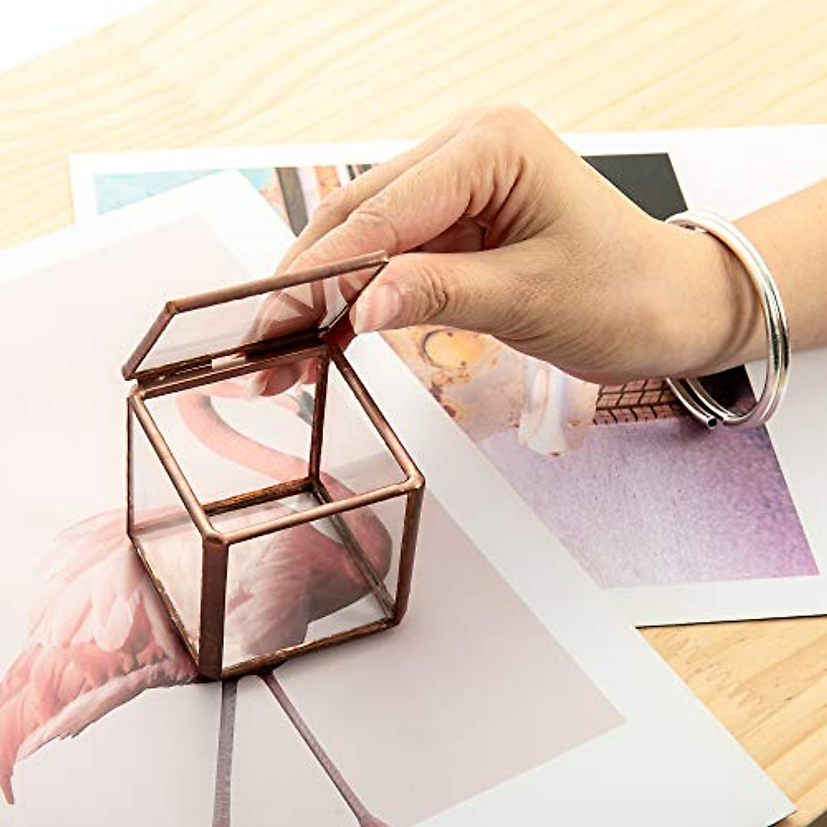 Feyarl Tiny Clear Glass Jewelry Trinket Box Ornate Rings Earrings Shadow Organizer Treasure Chest Decorative Keepsake Case with Lid for Wedding Birthday Gift (Brass)