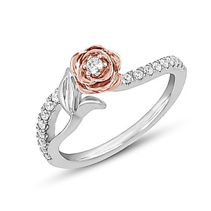 Jewelili Enchanted Disney Fine Jewelry Sterling Silver and 10K Rose Gold with 1/5 CTTW Diamond Belle Rose Ring size 6