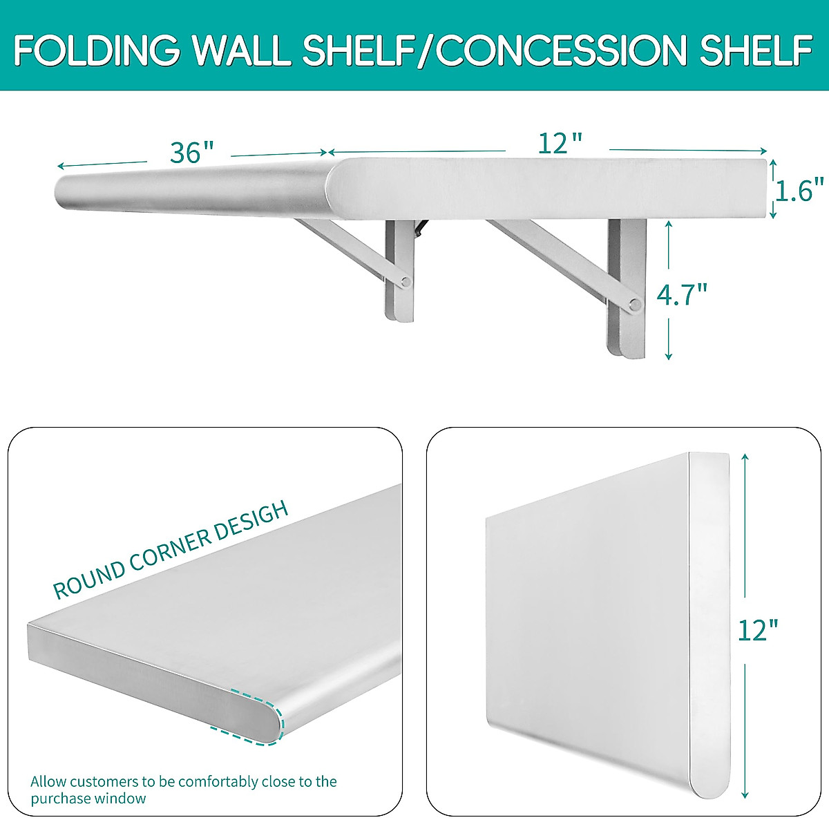 Concession Shelf 36"L x 12"W，22 gauge ASTM 304 Stainless Steel Folding Serving Food Shelf ，Wall Mount Shelving , Stainless Steel Shelf For Food Truck, grill area,BBQ working table, Restaurant .NSF