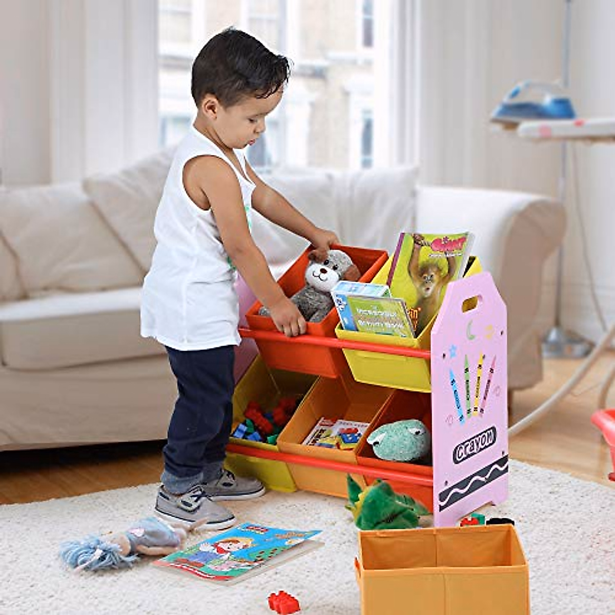 Bebe Style Premium Toddler Furniture Wooden Toy Storage Organizer Shelf with 6 Buns Crayon Theme Easy Assembly
