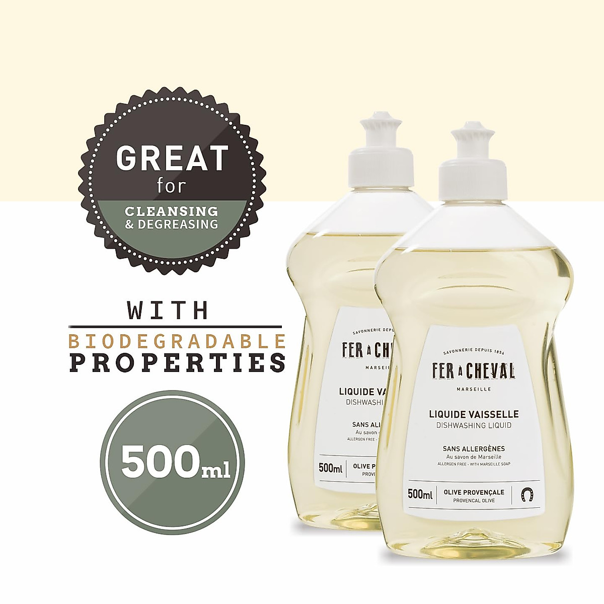 Fer à Cheval Dishwashing Liquid, Bottle Dish Soap Liquid, Provencal Olive Savon De Marseille Dish Detergent Liquid, Olive Oil Based from France - 2 Pack, 500ml/16.9 fl oz