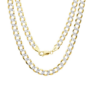 Nuragold 10k Yellow Gold 5.5mm Cuban Chain Curb Link Diamond Cut Pave Two Tone Pendant Necklace, Mens Womens Jewelry 16" 18" 20" 22" 24" 26" 28" 30"
