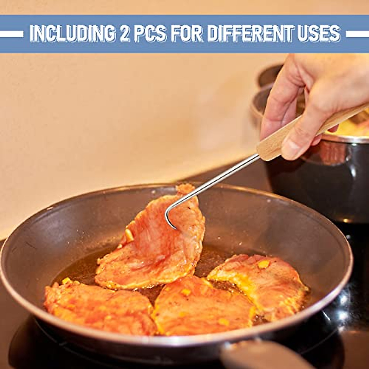 Pigtail Food Flipper 2Pcs, HaSteeL 17Inch Meat Turner Hook, Stainless Steel Pig Tail Flipper Hook With Wooden Handle, Grill Accessories for BBQ Grilling Griddle Kitchen Cooking - Left & Right Handed