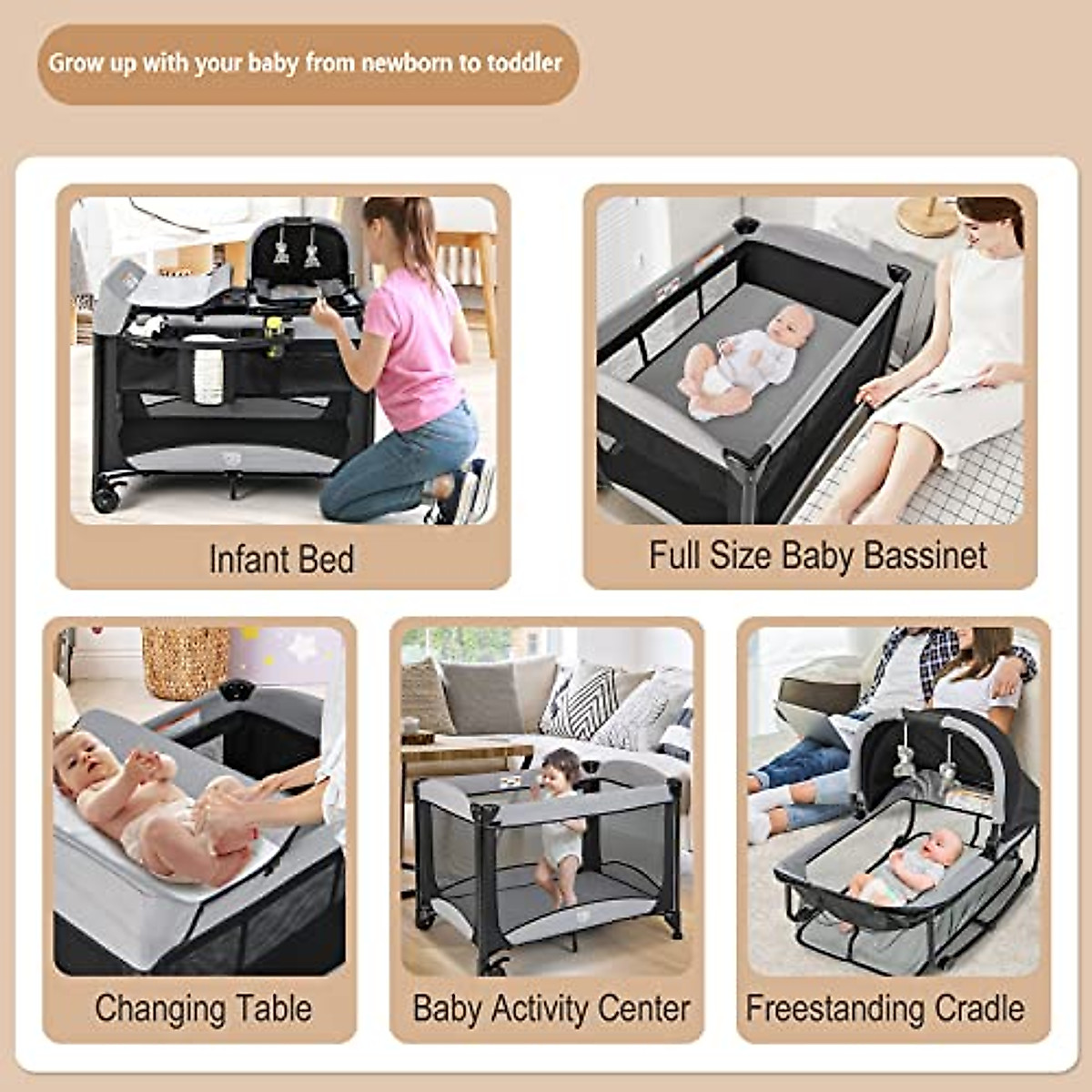 BABY JOY 4 in 1 Pack and Play, Portable Baby Playard with Bassinet & Diaper Changing Table, Infant Bassinet Baby Crib Activity Center with Toys & Oxford Bag from Newborn to Toddlers (Dark, Classic)