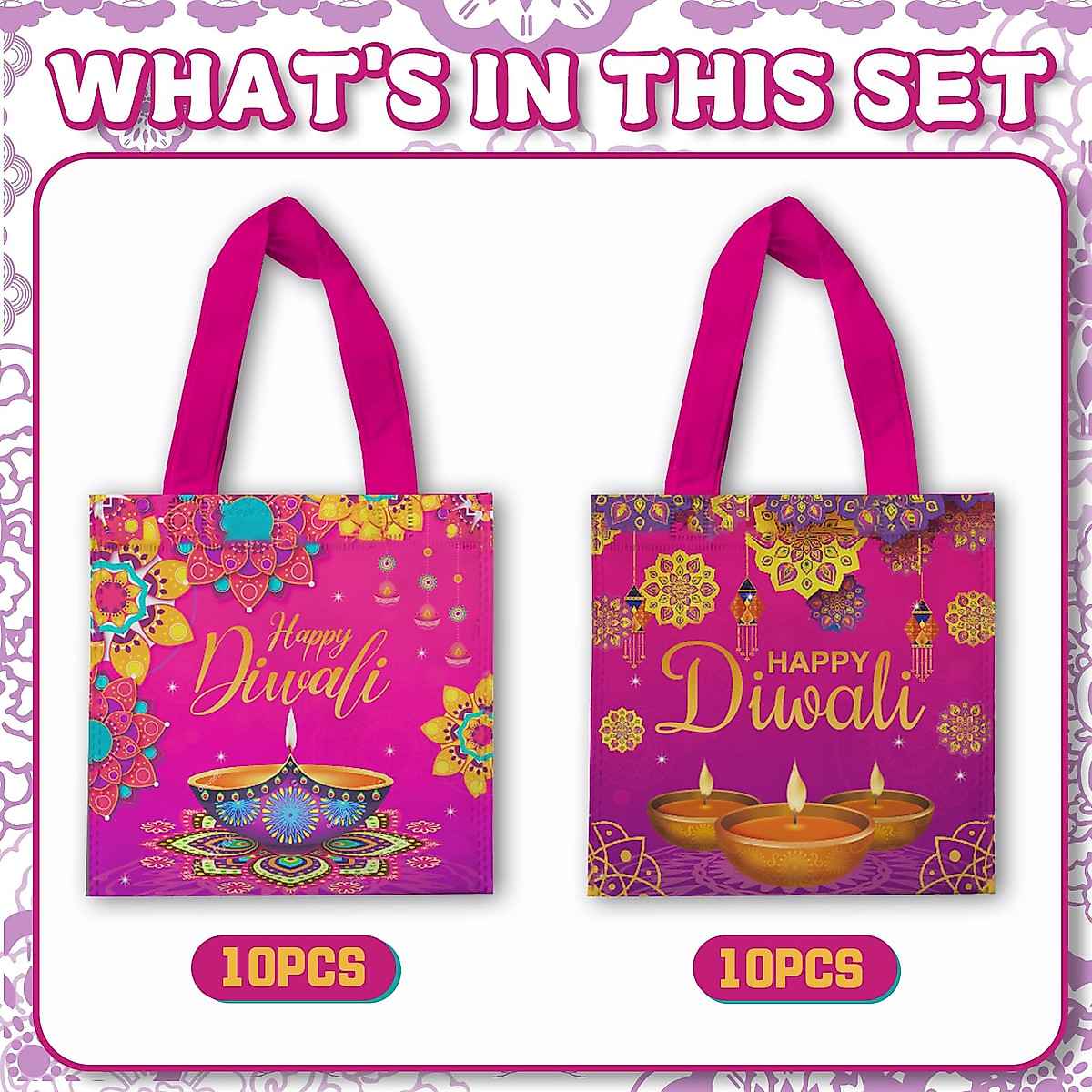 20 Pcs Happy Diwali Favor Bags,Treat Candy Goodie Gift Non-woven Bags Reusable for Happy Diwali Party Supplies Festival of Lights Day Gift Packs Snacks Candy Bags Happy Diwali Party Decorations