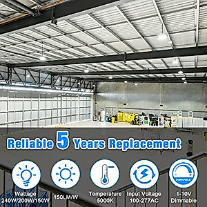 【Upgraded】 UFO LED High Bay Lights 240/200/150W 3-Watts Adjustable Flicker Free -36000LM Super Bright High Bay Shop Lights 5000K, 0-10V Dimmable, 6' Cable, 100-277V for Garage Barn Warehouse(2 Pack)