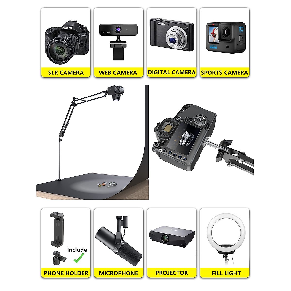 CACENCAN Overhead Camera Mount, 5lb Horizontal Load-Bearing, 360° Adjustable Camera Stand for Desk, Flexible Camera Arm Desk Mount, with Phone Clamp, Tabletop Mount for DSLR Camera/Webcam/Microphone