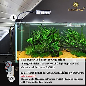 SunGrow LED Aquarium Light for Fish Tank, 24 LEDs, White & Blue Adjustable 360° Flexible Metal Arm Small Aquarium LED Light for Nano Tank, 3.7 W Low Consumption Power Aquarium Clip Lamp with Switch