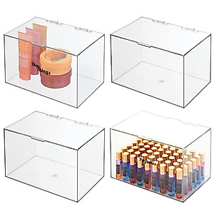 mDesign Plastic Stackable Bathroom Storage Organizer Box with Hinged Lid - for Cabinet, Vanity Organizer for Makeup, First Aid, Hair Accessories - 6.5" High - 4 Pack, Includes 32 Labels - Clear