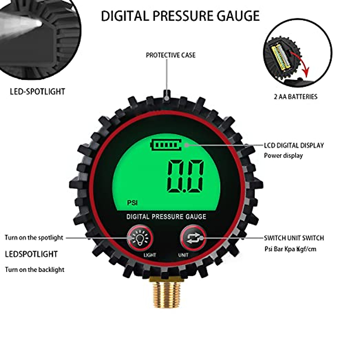 Moioee Car Digital Tire Pressure Gauge, High Precision 0.1 Display Resolution, 3-255PSI LCD Backlight Tire Pressure Gauge, Copper Tyre Air PSI Meter, Car Accessories for Motorcycle SUV Truck (1/8)