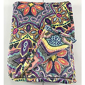 Boho Velvet Fleece Throw Blanket: Soft Plush Bright Decorative Paisley Patterned Accent for Couch or Bed, Colored: Teal Hot Pink Purple Yellow Black
