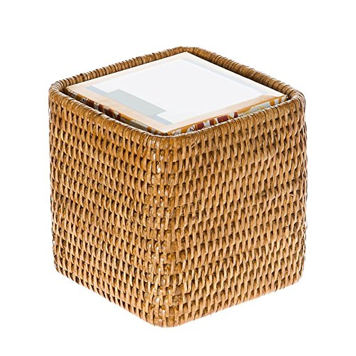 Kouboo La Jolla Rattan Round Waste Basket with Lid & Plastic Insert, 2 Gallon Woven Wastebasket & Home Decor, Honey Brown & 1030055 La Jolla Rattan Square Tissue Box Cover, 5.5" x 5.5" x 5.75"