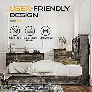 HOWE Queen Size Wood Platform Bed Frame with 51.2" Bookcase Headboard, Storage bed with Sliding Barn Door Charging Station 2 Drawers, No Box Spring Needed/Noise Free/Farmhouse/Rustic Grey