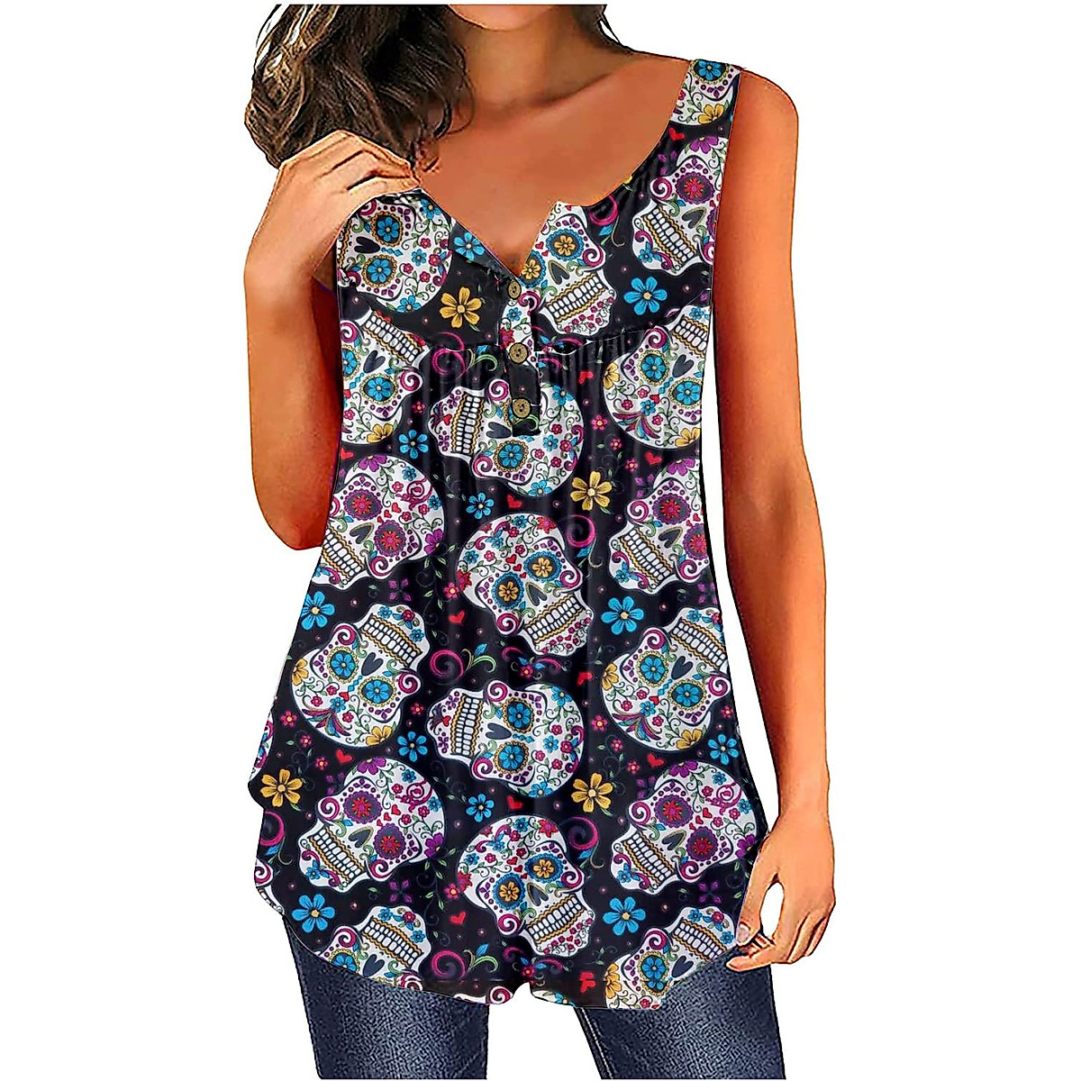 Roshop Halloween Women's Sleeveless Flower Sugar Skull Dead Head Henley Tunic Tops FSK XL