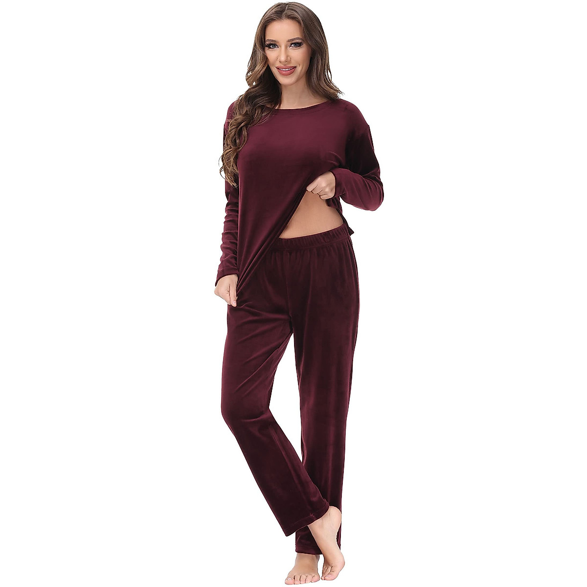 COZZIPLUS Women Velour Lounge Set 2 Piece Velvet Pajama Set Sweatsuit Crew Neck Sweatshirt and Elastic Waist Sweatpant(Burgundy,M)
