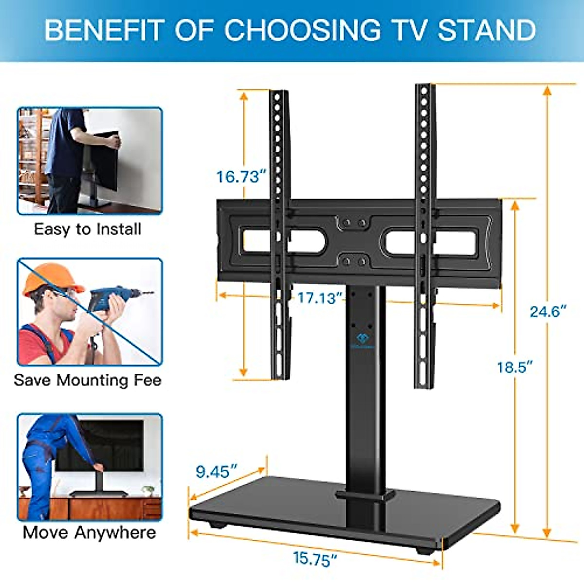 PERLESMITH Universal Swivel TV Stand-Table Top TV Stand for 32-60 inch TV-Height Adjustable TV Base with Heavy-Duty Tempered Glass Base, VESA 400x400mm up to 88lbs, PSTVS17
