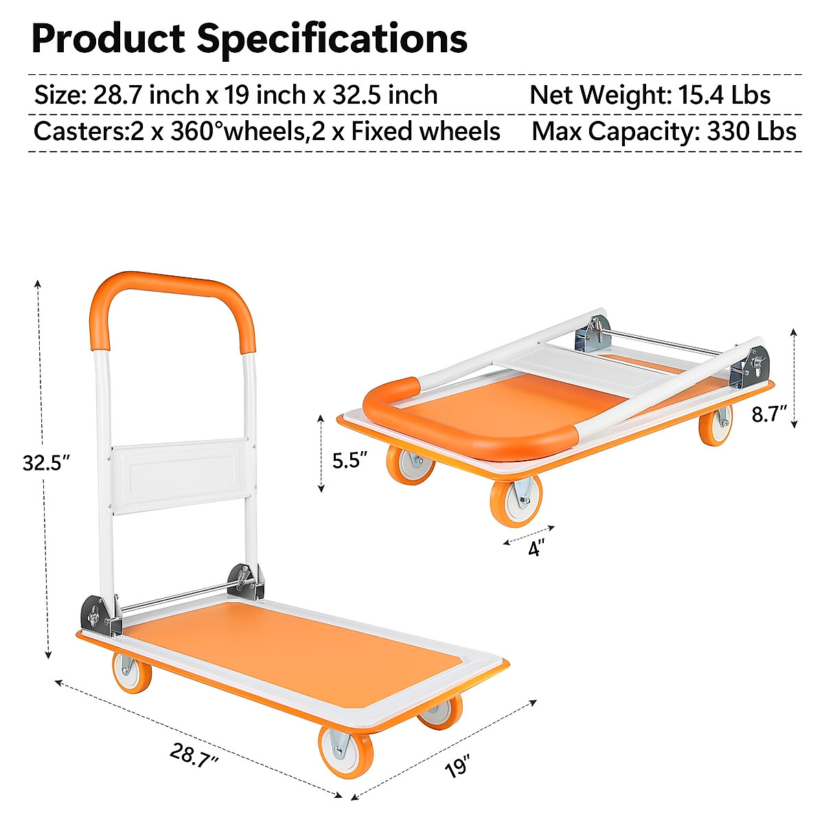 Foldable Push Cart Dolly, Moving Platform Hand Truck, Folding Moving Push Heavy Duty Rolling Cart with 330 lbs Weight Capacity (Orange)