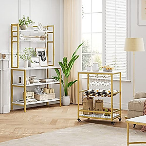 HITHOS Industrial Bar Carts for The Home, Mobile Serving Cart with Wine Rack and Glass Holder, Beverage Cart, on Wheels, Rolling Drink Trolley Living Room, Kitchen, White Gold