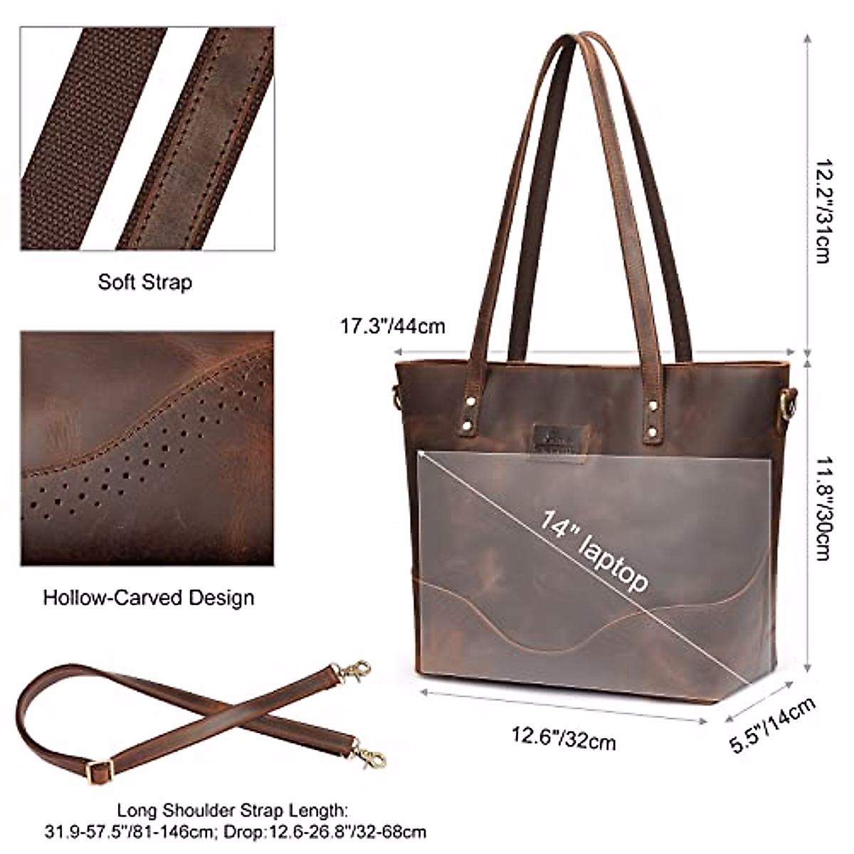 S-ZONE Women's Leather Tote Bag Vintage Large Work Handbag Shoulder Crossbody Purse with Zipper Pocket