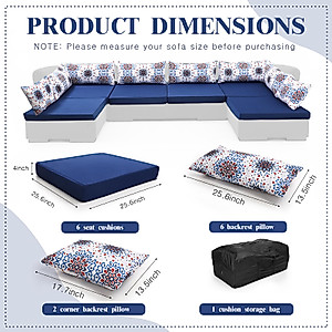 SiliFine 14 Pcs Outdoor Furniture Replacement Cushions, Fits 6 Seat Patio Sectional Conversation Set, Water Resistant Replacement Sofa Cushions for Outdoor Furniture, Including Storage Bag, Navy Blue