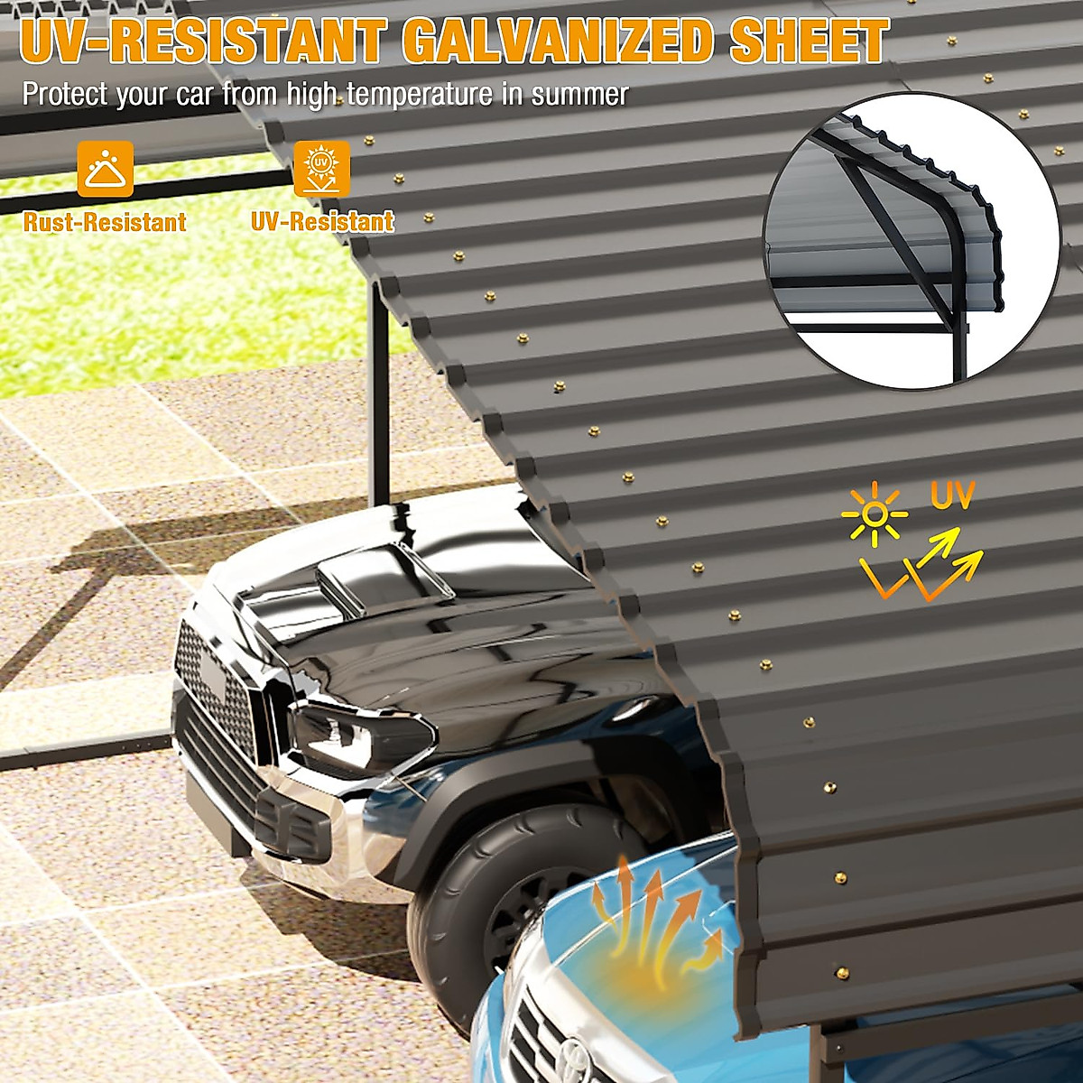 EBE 20' x 20' Metal Carport, Heavy Duty Outdoor Carport with Galvanized Steel Roof, Carport Garage Car Shelter Shade for SUV, Truck and Boats, Grey