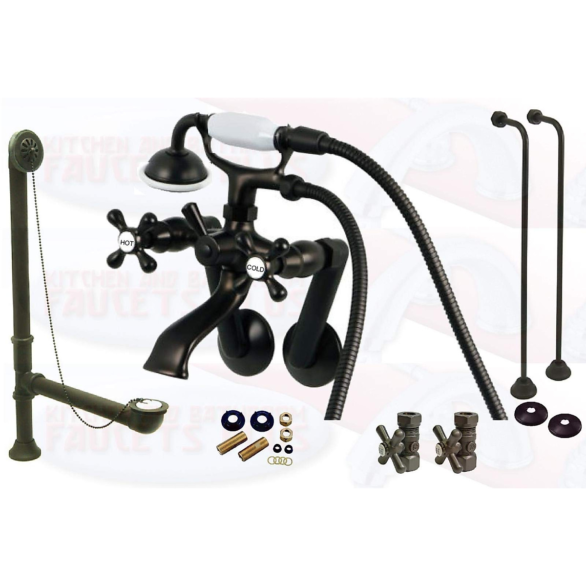 Oil Rubbed Bronze Vintage Wall Mount Clawfoot Tub Filler Kit With Drain, Single Offset Water Suppies, Floor Stops and Connection Fittings - Model KBFP-CCK269ORB-SO