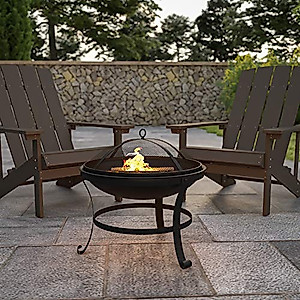 Flash Furniture Chelton 22" Round Wood Burning Firepit with Mesh Spark Screen and Poker , Black