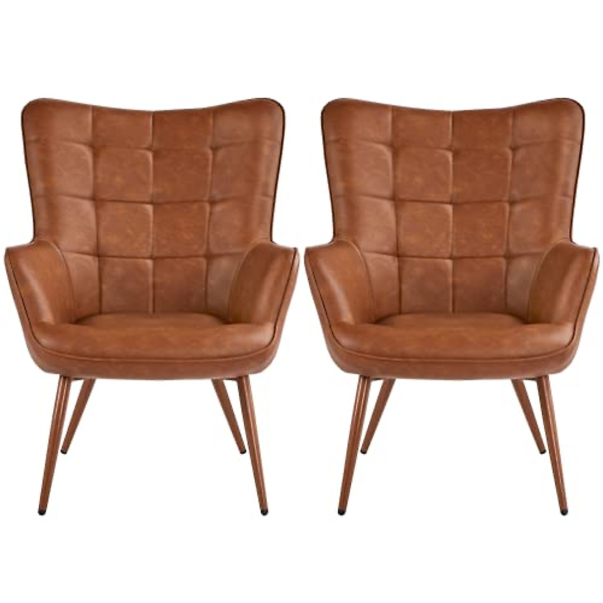 Yaheetech Faux Leather Chair Upholstered Living Room Chairs Accent Armchair with Tapered Legs Tufted Sofa Chairs for Home Office/Dining Room/Bedroom Brown, Set of 2