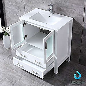 Lexora Volez 30 in W x 18.25 in D White Bath Vanity, White Ceramic Top and 28 in Mirror