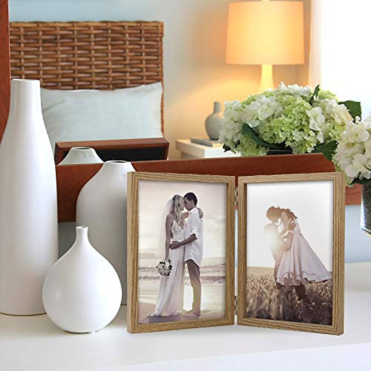 AEVETE 5x7 Double Picture Frames Vertical Hinged Wood Folding Photo Frames with Real Glass Front