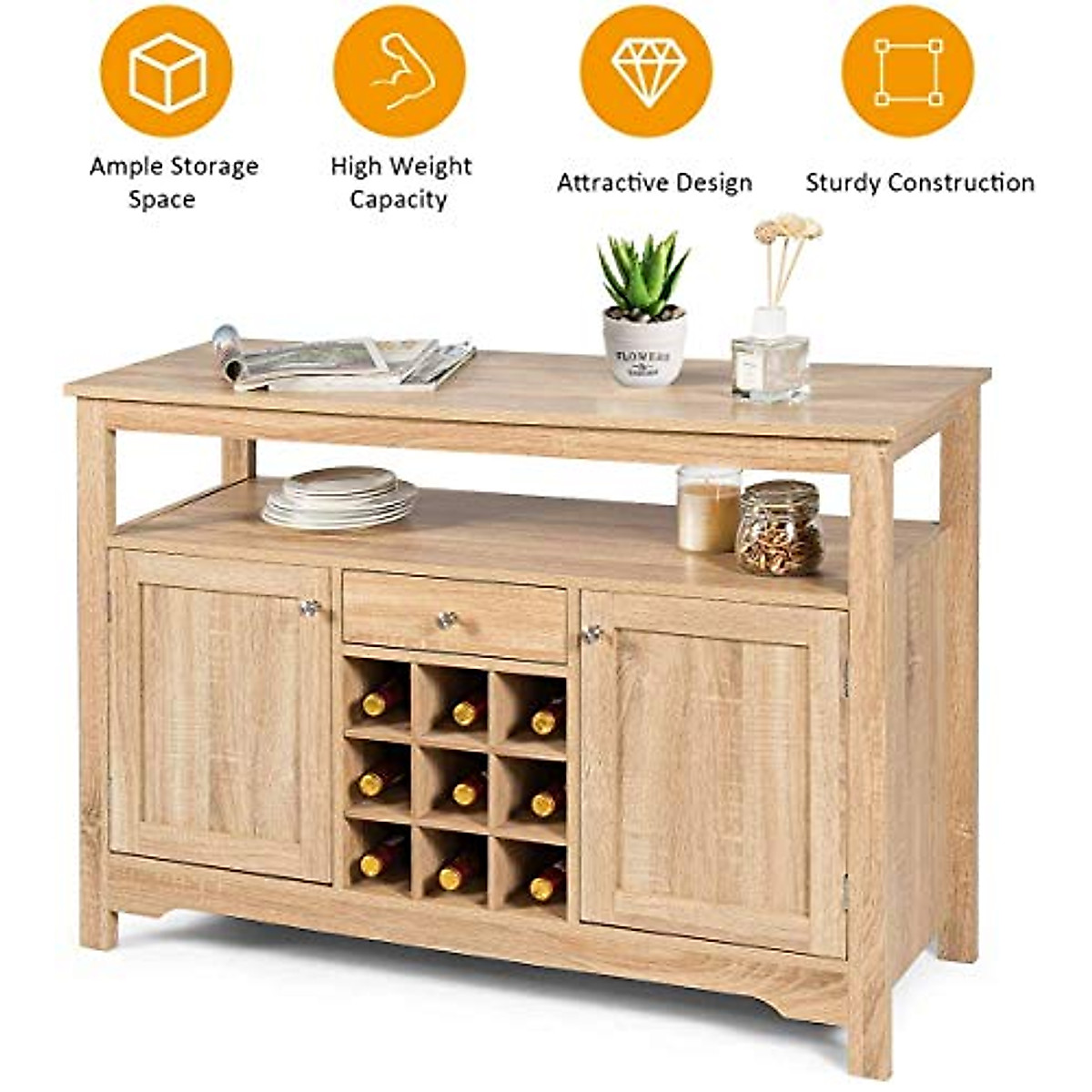 ReunionG Buffet Sideboard, Wine Console Table, Wooden Kitchen Organizer w/2 Cabinets, 1 Drawer and 9 Wine Cabinets, Farmhouse Storage Cupboard, Wine Rack, Server Table, Dining Room Furniture (Natural)
