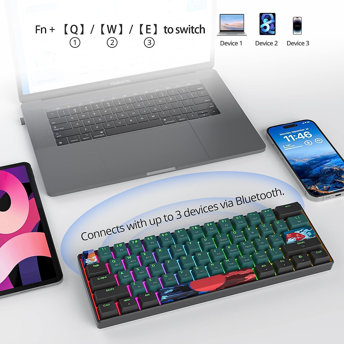 surmen GT61 Wireless 60% Keyboard, Mini RGB Mechanical Gaming Keyboard 60 Percent Hot-Swappable with Linear Gateron Switch Type-C/Bluetooth 5.0 Programmable (Gateron Yellow, Sound Wave 61)