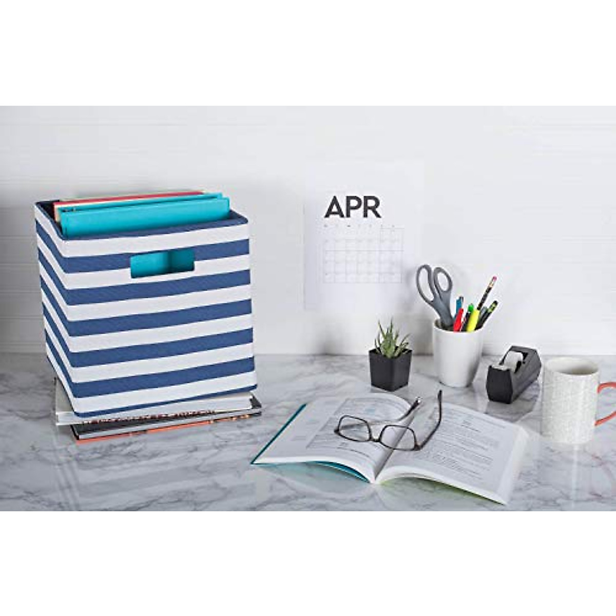 DII Polyester Cube Storage Collection Collapsible Hard Sided Bin, 13x13x13", Nautical Blue