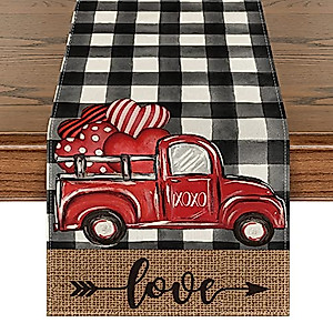 Artoid Mode Watercolor Buffalo Plaid Hearts Truck Love Valentine's Day Table Runner, Anniversary Wedding Kitchen Dining Table Decoration for Indoor Outdoor Home Decor 13 x 72 Inch