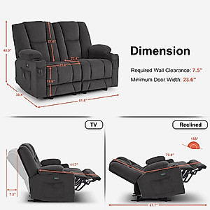MCombo 61.8" Power Loveseat Recliner with Heat and Vibration, Fabric Electric Reclining Loveseat, USB Charge Port, Cup Holders for Living Room 6025 (Grey)