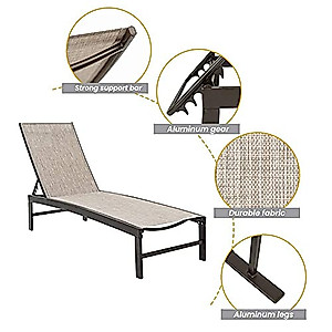 Crestlive Products Aluminum Adjustable Chaise Lounge Chair and Table Set Outdoor Five-Position Recliner, Curved Design, All Weather for Patio, Beach, Yard, Pool (Beige)