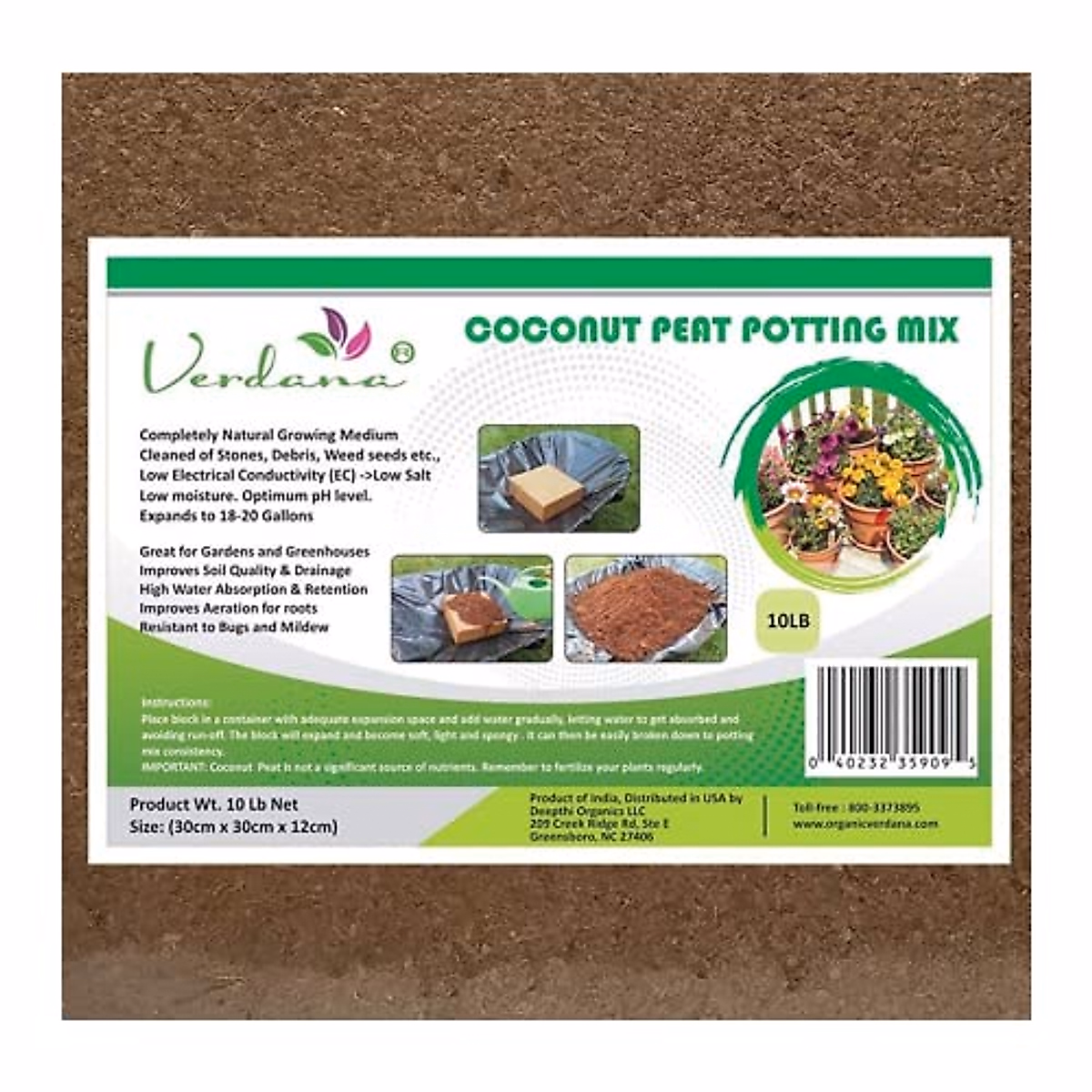 Verdana Coconut Fiber Potting Mix - 10 Lb Compressed Block Brick - Coco Coir, Coco Peat, Coir Pith - Alternative to Peat Moss – Soilless Growing Medium - Low EC, Optimum pH, High Expansion