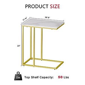 PrimeZone C Shaped Side Table - Faux Marble Narrow End Table for Sofa Couch & Living Room, TV Tray Table, 19" W x 12" D x 23" H, Gold Frame