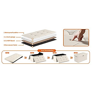 Tamfile 30 inches Folding Storage Ottoman with Lock,Fireproof Bedroom Bench with Storage,Beige Footrest with Foam Padded Seat,Ottoman Foot Rest for Bed Room,Storage Chest, Foot Rest Stool