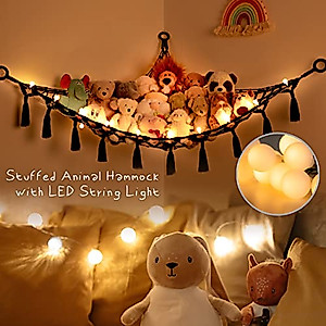Stuffed Animal Net or Hammock with Light,Yewiwin Macrame Hanging Net Hammock for Stuffed Animal Toy Storage Organizer Boho Decor Room Holder for Nursery Play Room Bedroom (Black)