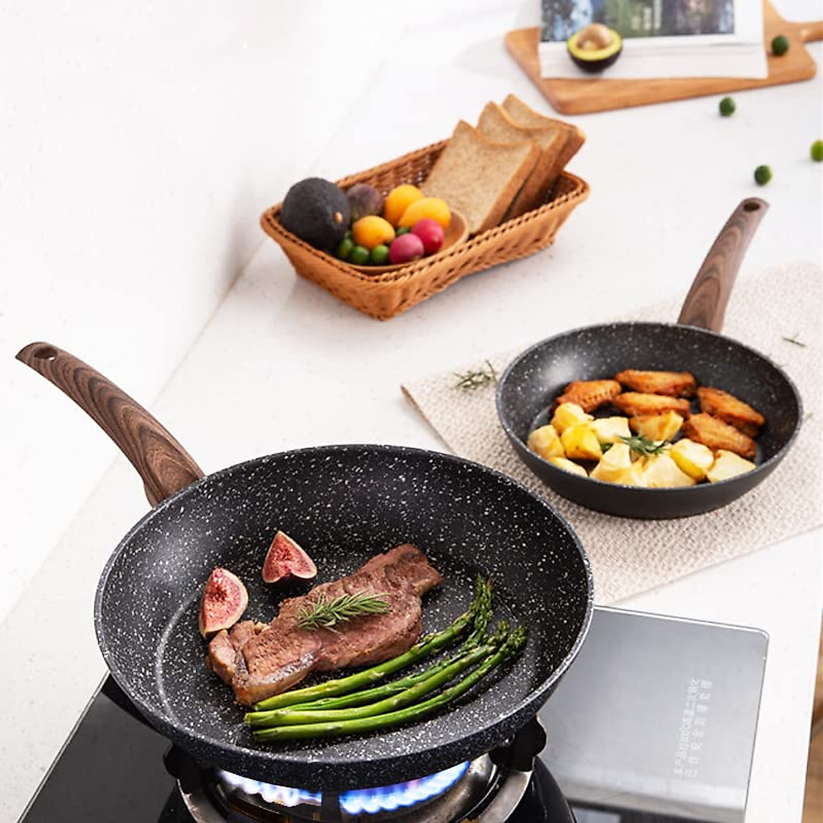 Vkoocy Non Stick Frying Pan Skillet Set, 8" 9.5" 11" Nonstick Pan Set Induction Cookware Set Omelet Pans, Granite Stone Chef's Pan, Black Kitchen Pan Set