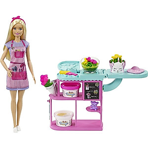 Barbie Florist Doll & Playset, Flower-Making Station with Molds, 3 Dough Colors & Accessories, Blonde Fashion Doll